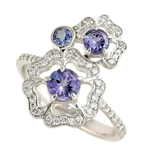 ARTISAN White / Blue 18k White Gold Handcrafted Tanzanite Flower Diamond Ring - White/blue