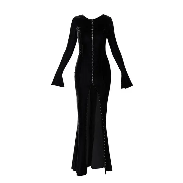 LIA ARAM Velvet Gown With Pearl Button Closure - Black