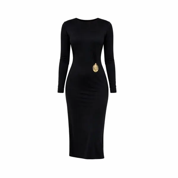 HOUSE OF GL Onyx Luxury Stretch Knit Long Sleeve Midi Dress With Gold Lotus Emblem - Black