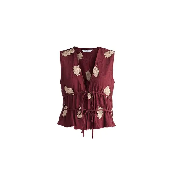 PAISIE Leaf Embroide Tie Front Waistcoat In Burgundy - Red