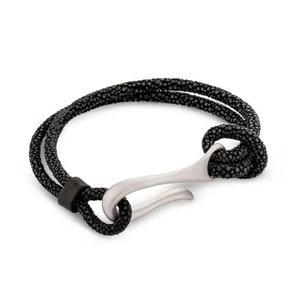 SALLY SKOUFIS Black / Silver Adescare Cuff With Galuchat Leather Nero In Brushed Silver - Black/silver