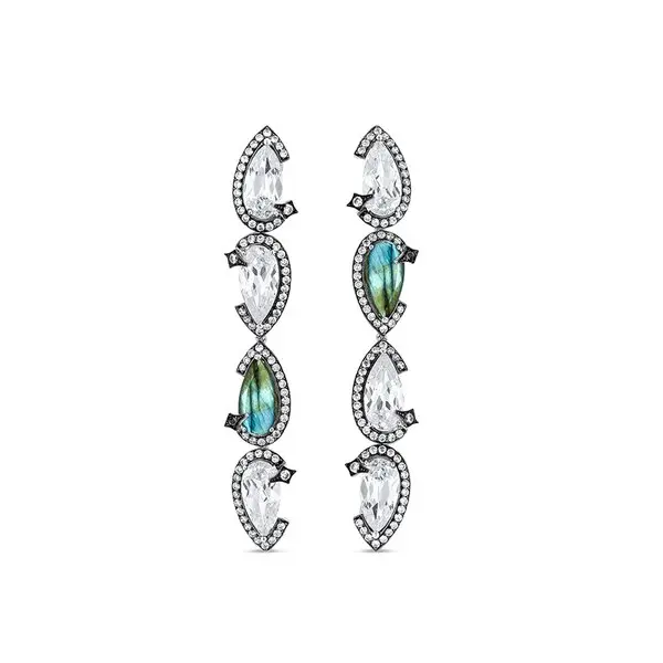 SALLY SKOUFIS White / Silver / Black Nourish Drop Earrings With Natural Black Diamond & Made Cz Diamond Stimulant In Platinum - White/silver/black