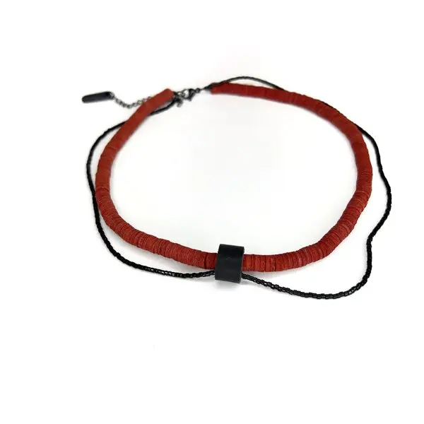 WAIWAI Red / Black Red Leather Choker Necklace With Black Bead String - Red/black