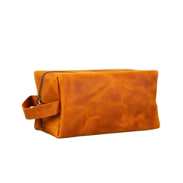 LEATHERE Handmade Leather Makeup Bag Golden-brown Minneapolis - Green