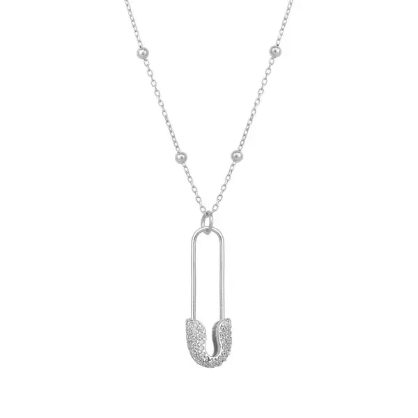 SPERO LONDON Pave Safety Pin Necklace Jewelled With Beaded Chain In Sterling - Silver