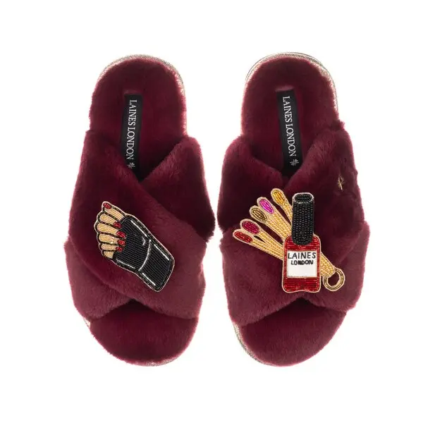LAINES LONDON Embellished Faux Fur Slippers - Red