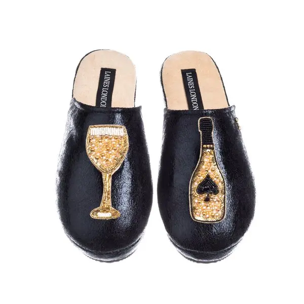 LAINES LONDON Softie Slippers With The Ace Of Champagne Brooches - Black