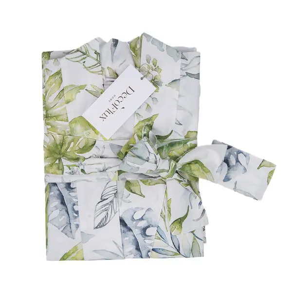DECOFLUX HOME White / Green Cotton Sateen Kimono Robe Flora Costera - White/green