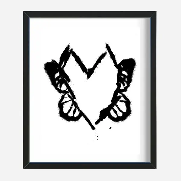 X ILONA BLUE Black / White Heart With Wings Original Art Limited Edition Archival Print - Black/white