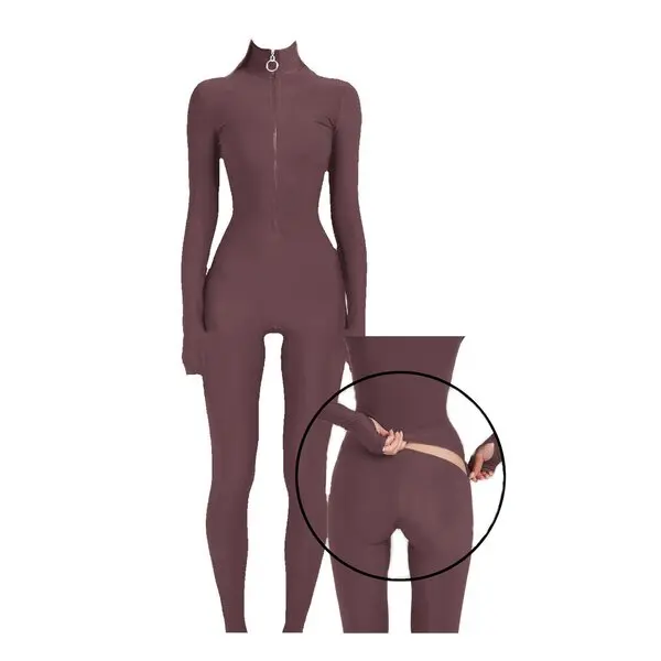 MONOSUIT Cocoa Long Sleeve Turtleneck Zip Up Full Bodysuit Total Zipper - Brown