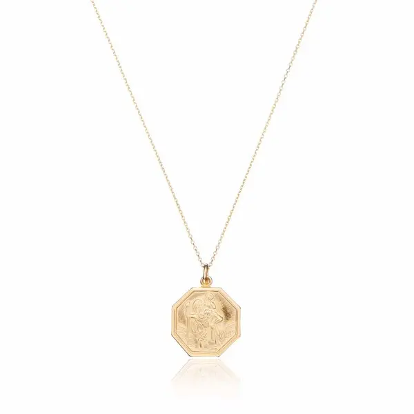 LILY & ROO Solid St Christopher Octagonal Medallion Pendant Necklace - Gold