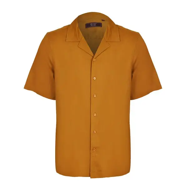 DAVID WEJ Hugo Linen Cuban Collar Shirt Mustard - Brown