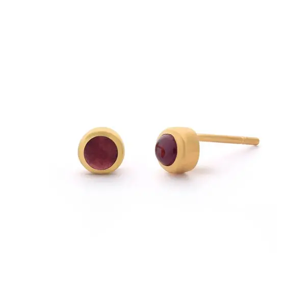 NELLOU JEWELLERY Garnet Mini Gem Dot January Birthstone Earrings Gold Plated Sterling Silver - Red
