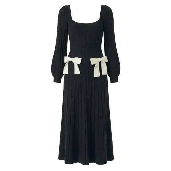 MODENAIRE Sweater Midi Dress Sculpted Bow Detail - Black