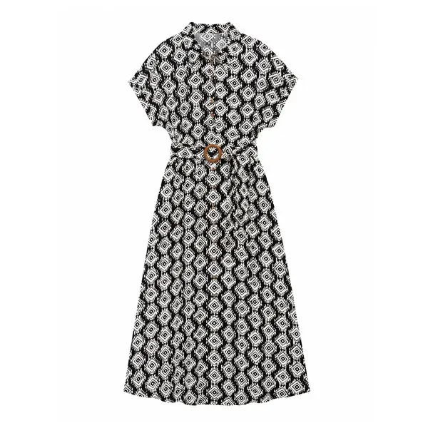 YUMI Viscose Midi Shirt Dress With Matching Belt - Black
