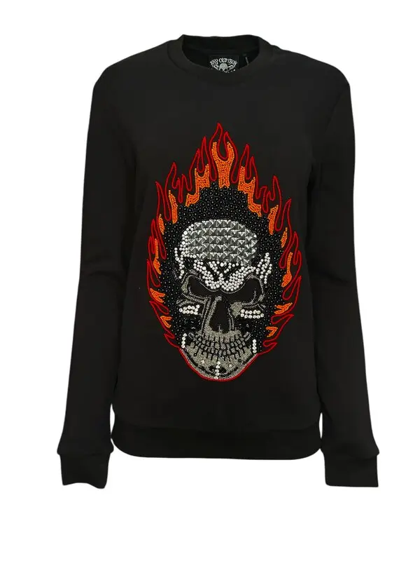 ANY OLD IRON Black / Red / Silver Beaded Skull Fire Black Sweatshirt - Black/red/silver