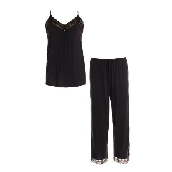 PRETTY YOU Bamboo Lace Cami Cropped Trouser Set In Raven - Black