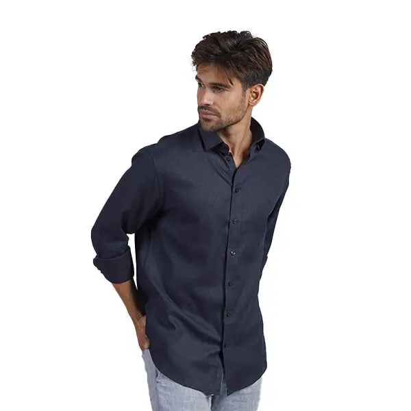 EIGHT X 100% Linen Button Long Sleeve Button Down Shirt Navy - Blue