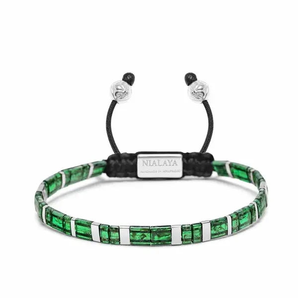 NIALAYA JEWELRY Green / Silver Bracelet With Marbled Green And Silver Miyuki Tila Beads - Green/silver