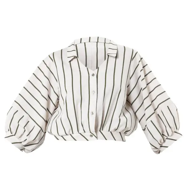 METAMORPHOZA Oversize Linen Short Top On Khaki Stripes - Green