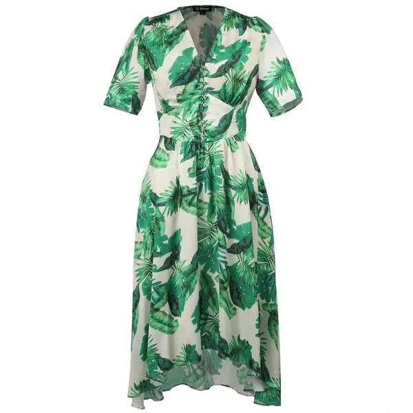 SMART AND JOY Tropical Print V-neck Dress - Green