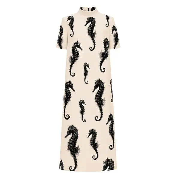 JULIA ALLERT Neutrals Light Seahorse Print A-line Midi Dress Capsule Edition - Beige