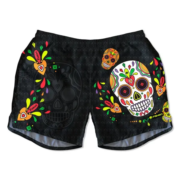 FISHIRT Swim Shorts Mexican Skull Graphic Muertos - Black
