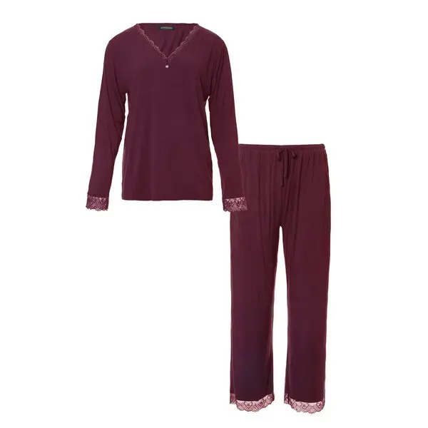 PRETTY YOU Bamboo Lace V-neck Pyjama Set In Bordeaux - Red