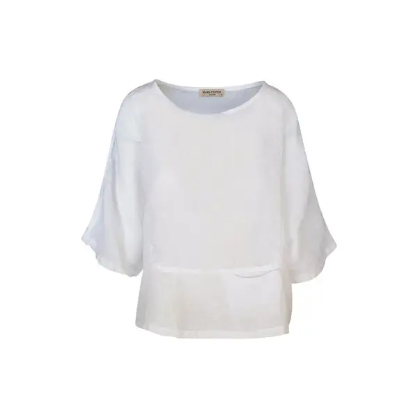 Haris Cotton Round Neck Linen Blouse With Batwing Sleeve - White