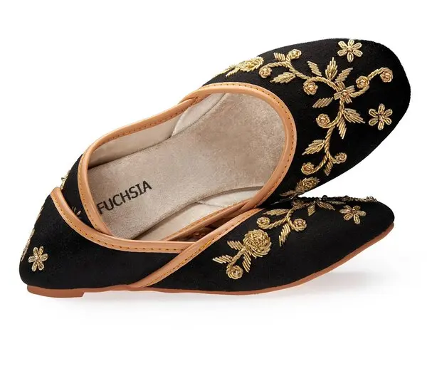 FUCHSIA SHOES Marina Handcrafted Golden Wire Embroidered Velvet Flats - Black
