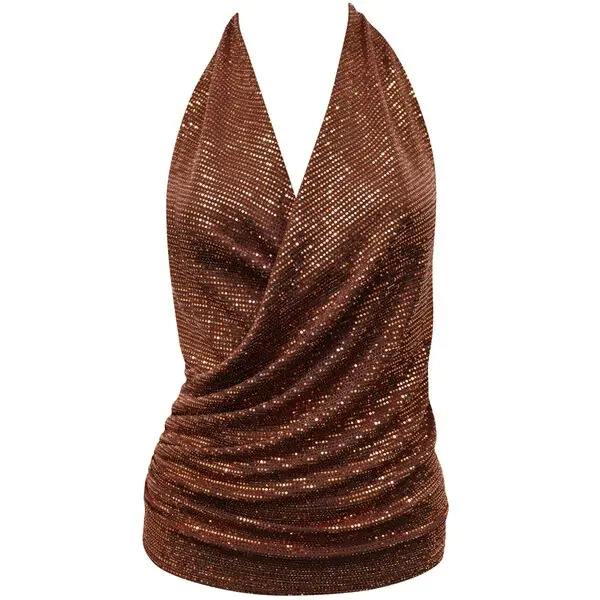 ME & THEE Lead Astray Copper Sequin Halter Neck Top - Brown