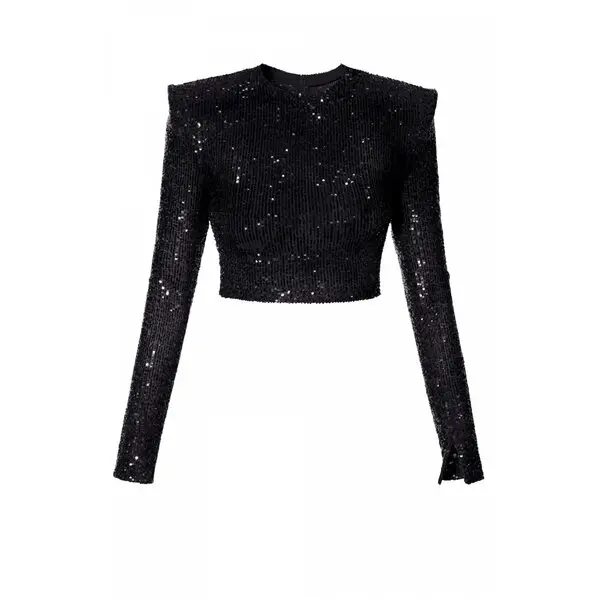 AGGI BY HALEWSKI Zoey Sparkle Sequin Long Sleeve Crop Top - Black