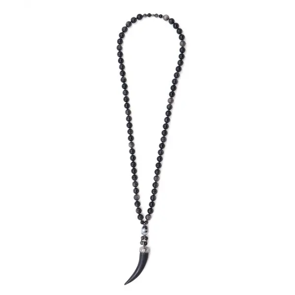 Shar Oke Black / Silver Silver Obsidian & Black Horn Pendant Beaded Necklace - Black/silver