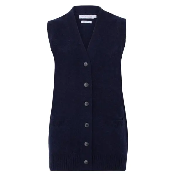 PAUL JAMES KNITWEAR Lambswool Lura V Neck Waistcoat With Pockets Oxford - Blue