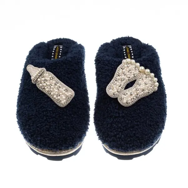 LAINES LONDON Teddy Closed Toe Slippers With Pearl New Baby Brooches Navy - Blue
