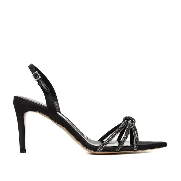 GINISSIMA Daisy Crystals And Satin Sandals Low Heel - Black