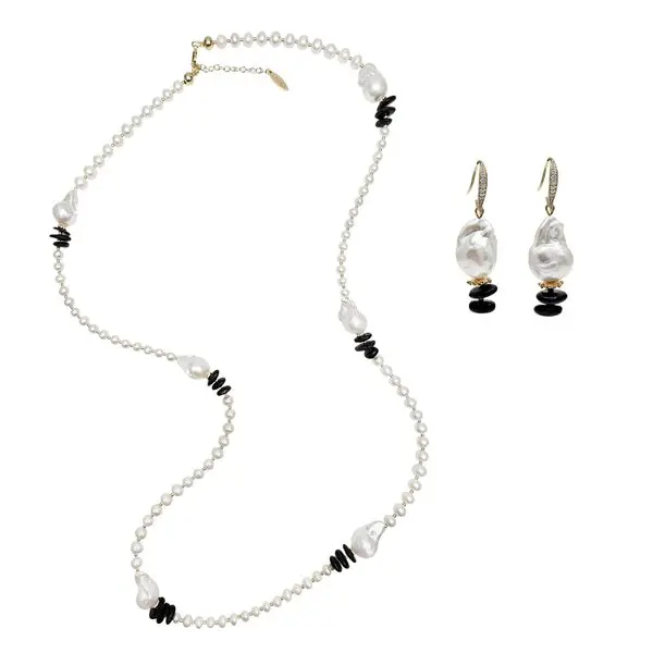 FARRA Baroque Pearls With Tourmaline Long Necklace And Earrings Jewelry Set - Black