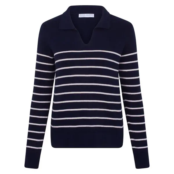 PAUL JAMES KNITWEAR Lightweight Cotton Colette Open Collar Breton Top Navy - Blue