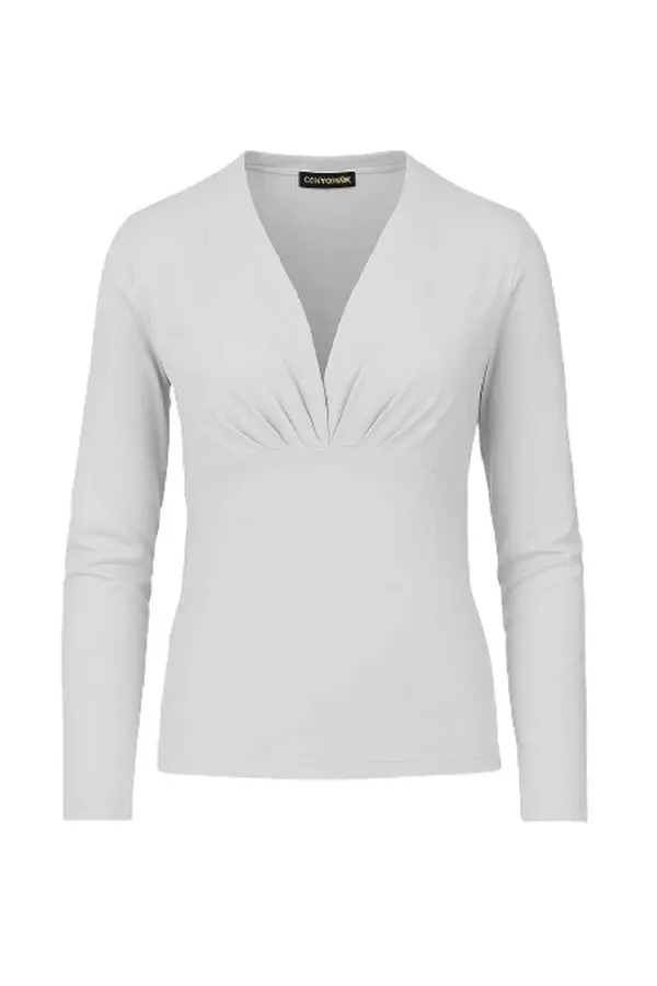CONQUISTA Elegant V-neck Long Sleeve Jersey Top In Cotton-blend - Grey