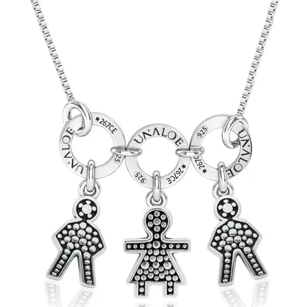 UNALOE Sterling Necklace With Three Baby Star Charms – Pavé Child Silhouette Pendants, Personalised Family Keepsake Jewellery - Silver