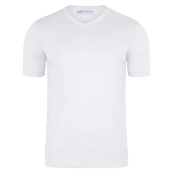 PAUL JAMES KNITWEAR Superfine Mercerised Cotton Adriano V Neck Knitted T-shirt - White