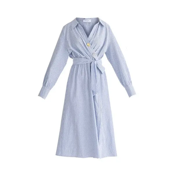 PAISIE Wrap Midi Shirt Dress With Metallic Button Details In Stripes - Blue