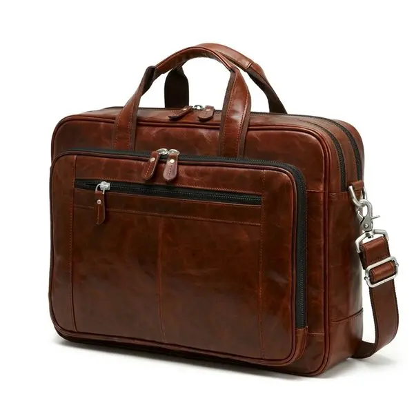 TOURI Genuine Leather Briefcase With Luggage Strap Vintage - Brown