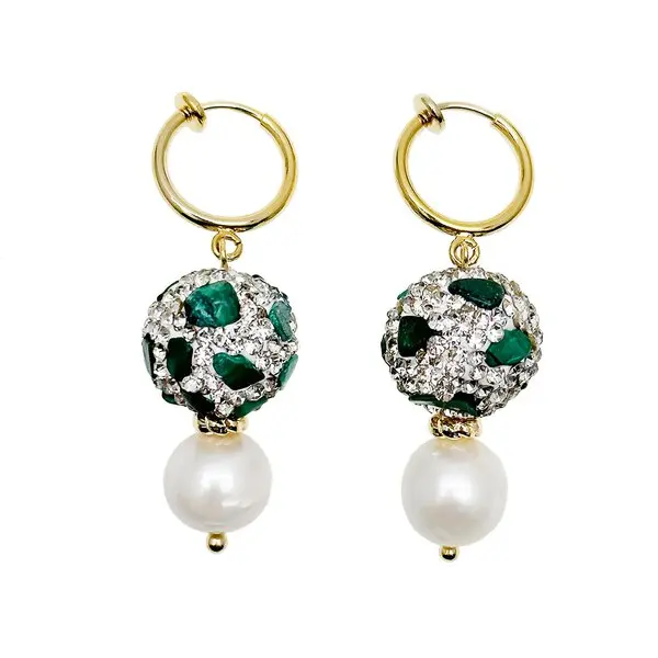 FARRA Rhinestones With Malachite & Freshwater Pearls Dangle Earrings - White