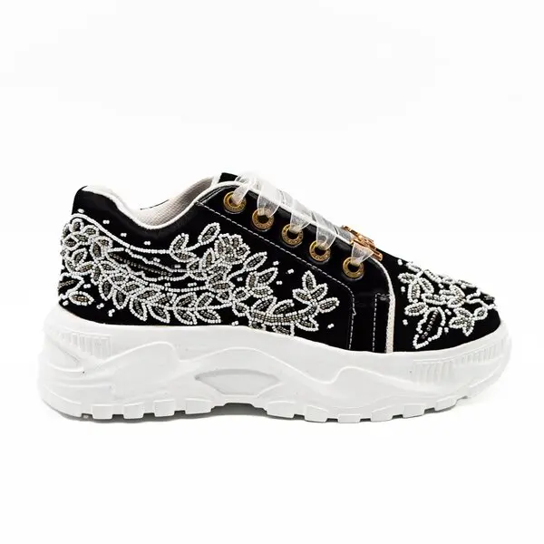 RETTROSE Iska Luxury Satin Handmade Embellished Trainers - Black