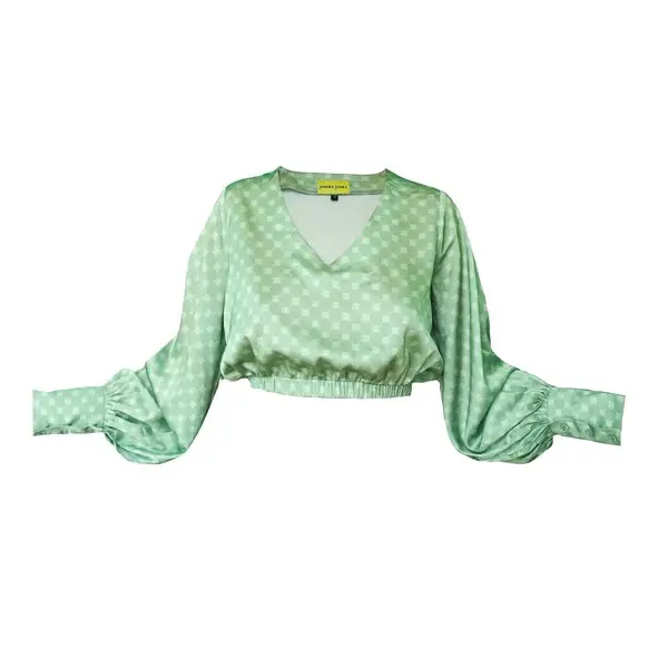 JANARA JONES Matcha Latte Satin Long Sleeve V-neck Blouse