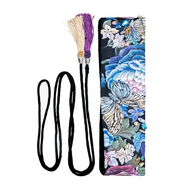 RONDOOZ Nocturne Hand Painted Taffeta Waist Belt With Butterfly Design & Stone Embellishts - Black