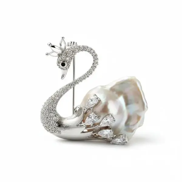 ANGEL BAROCCO Swan Baroque Pearl Brooch - Silver