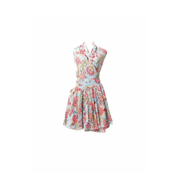 WILD ROSE Wrap Sky Floral Cotton Hand Block Print Dress - Blue