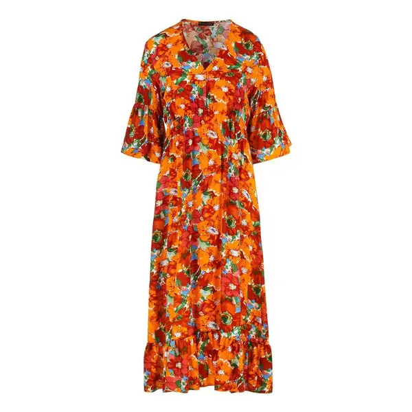 CONQUISTA Floral Ruffle Detail Midi Dress - Orange